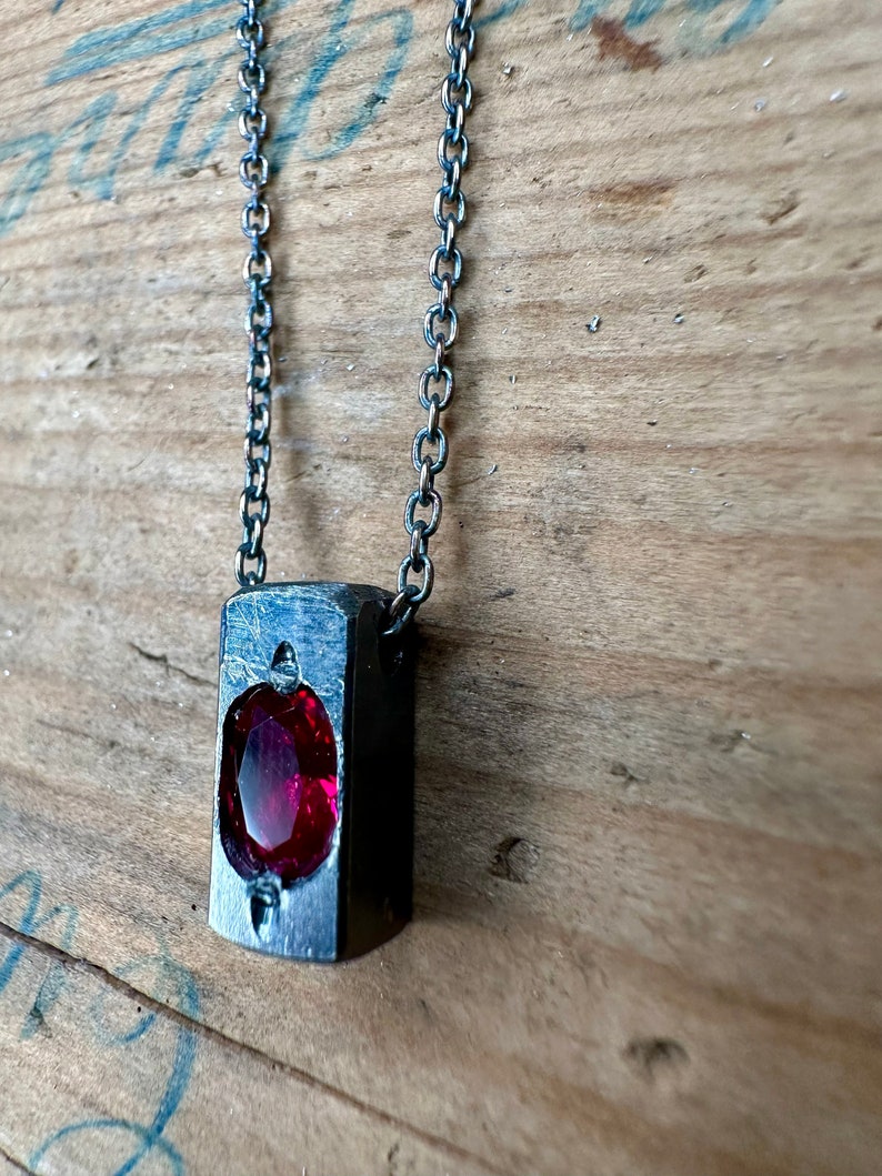 Men's Ruby Gemstone Necklace Pendant, Oxidized 925 Silver Square Bar ...