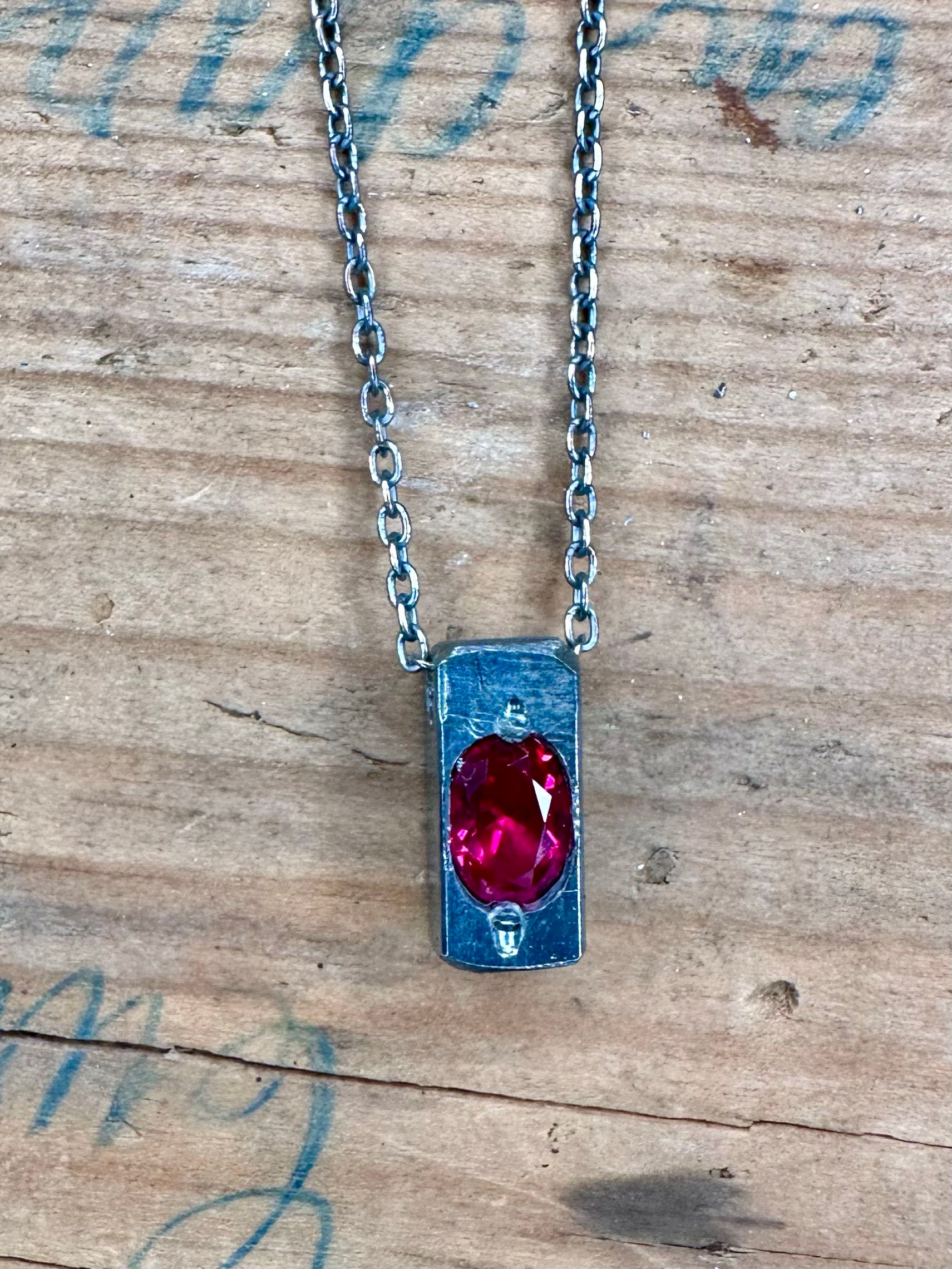 Men's Ruby Gemstone Necklace Pendant, Oxidized 925 Silver Square Bar ...