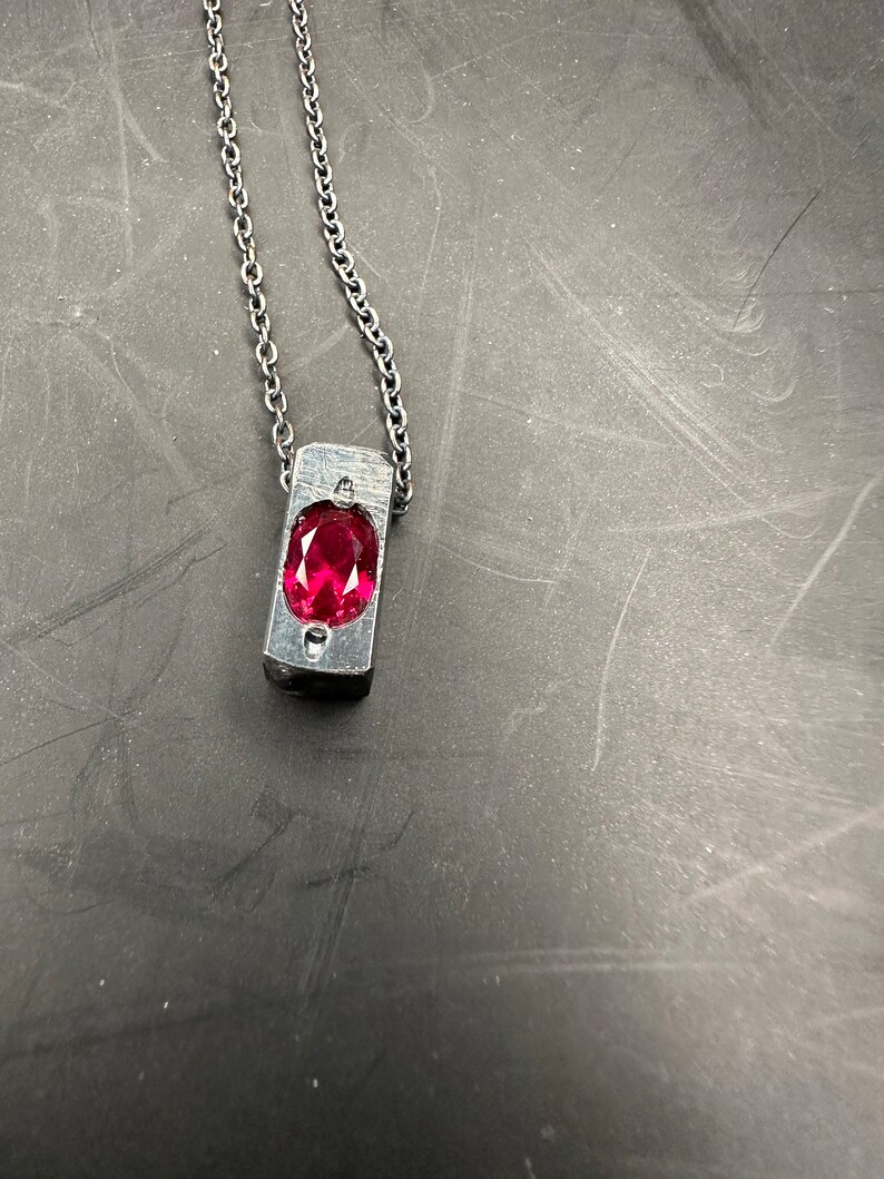 Men's Ruby Gemstone Necklace Pendant, Oxidized 925 Silver Square Bar ...