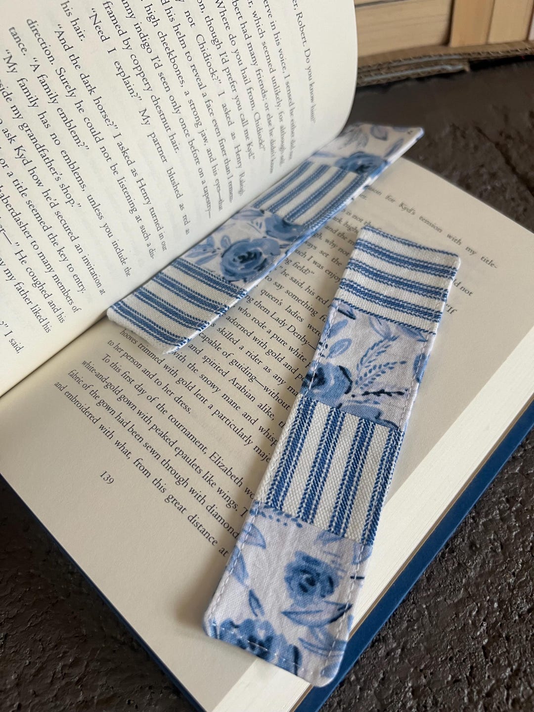 Handmade Fabric Bookmarks - Blue Floral & Striped Patchwork Design" - Etsy