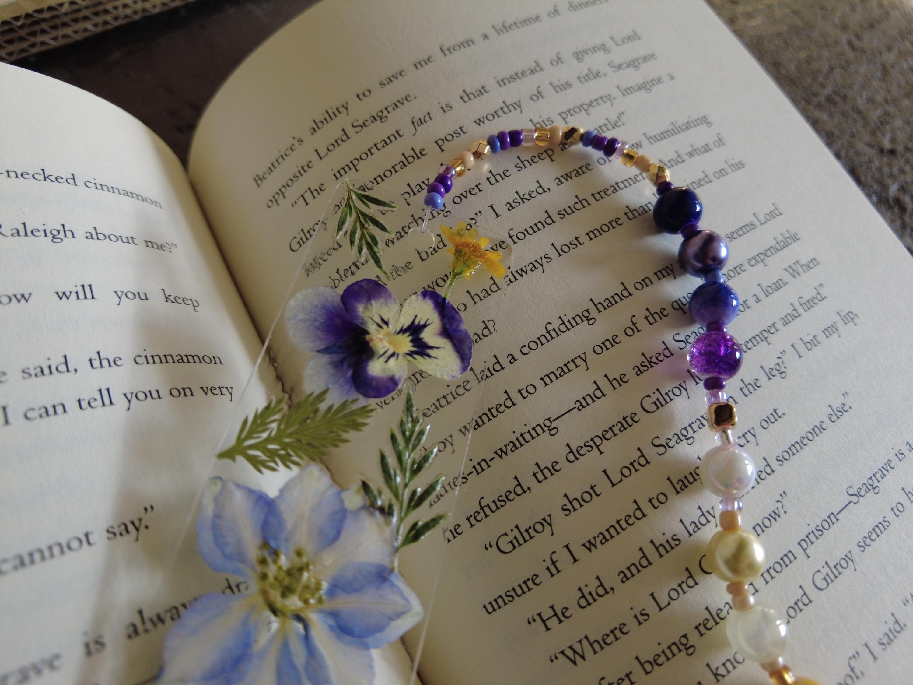 Pressed Flower Bookmark: Purple Wildflower, Glass & Pearl Beads - Etsy