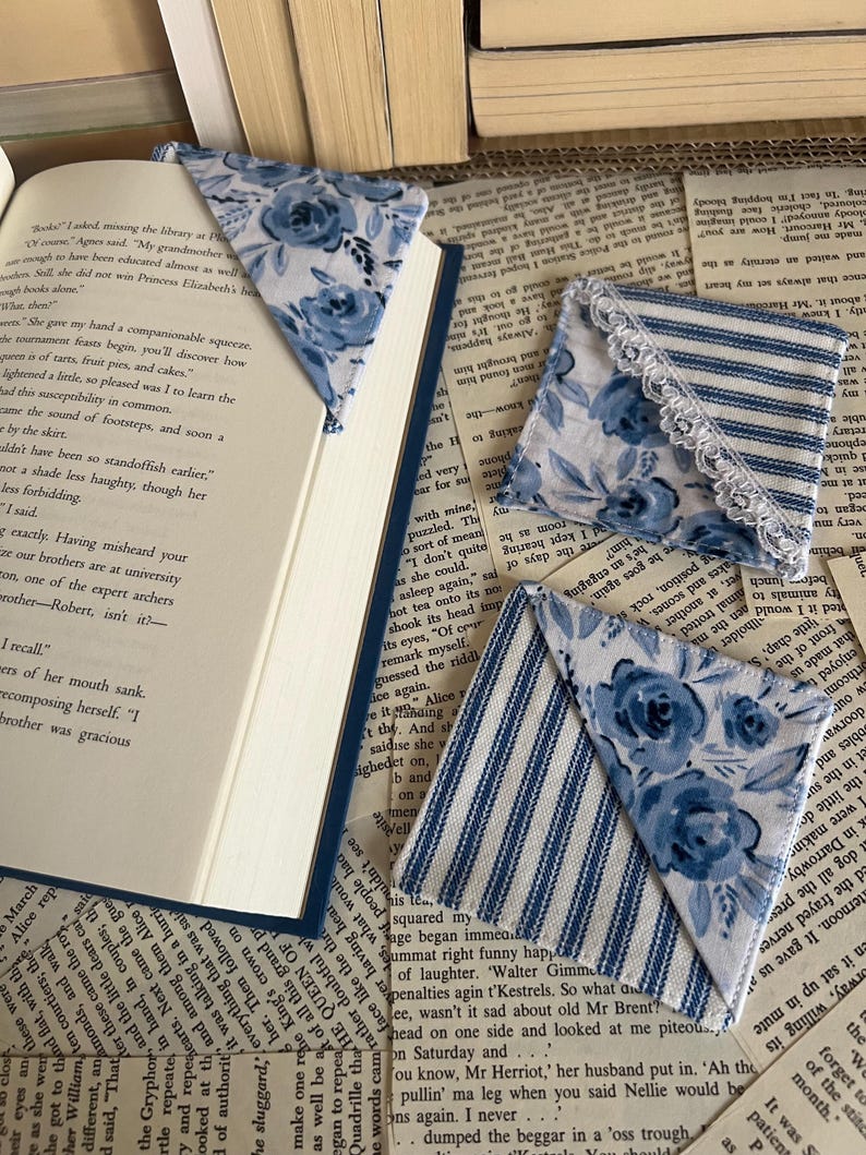 Set of 2 Corner Bookmarks | Handmade Fabric Bookmarks - Blue Floral ...