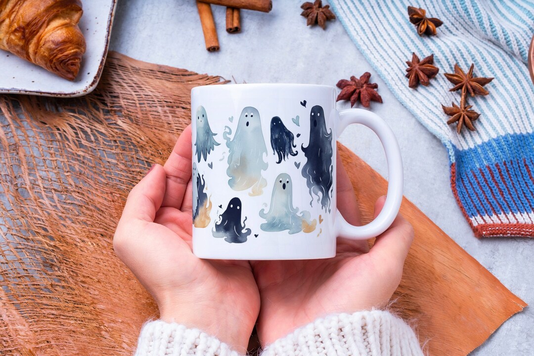 Ghost Watercolor Mug, Wraparound Coffee Mug, Spooky Halloween Glassware ...