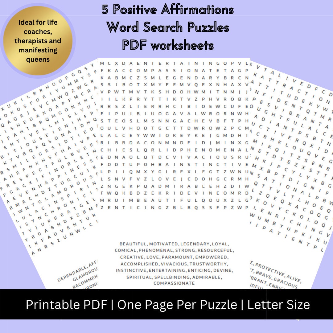 5 Positive Affirmations Word Search Puzzles PDF Worksheets; Ideal for ...