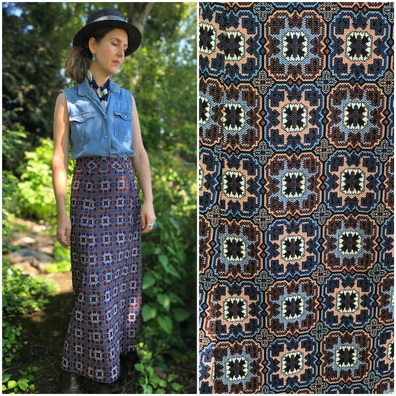 70s Maxi Skirt, Long Vintage Column Skirt - Gem