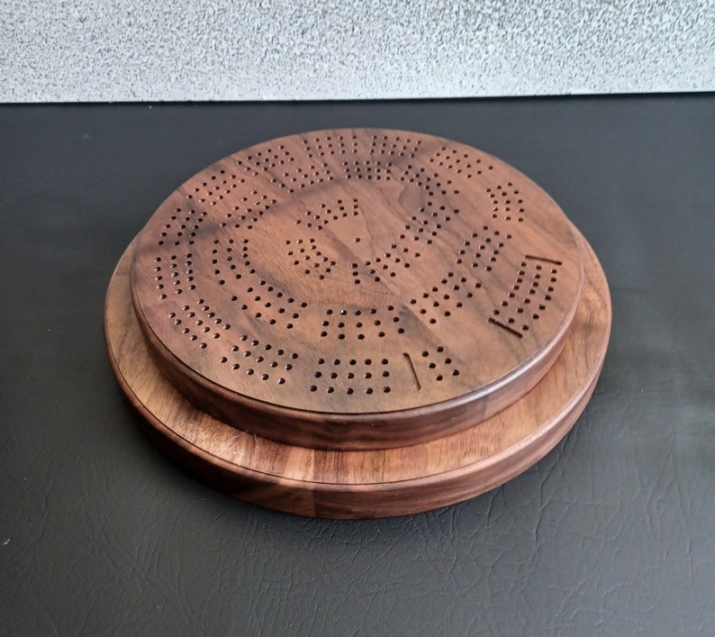 Round Cribbage Board With Card Storage, Cherry, Walnut or Maple Board ...