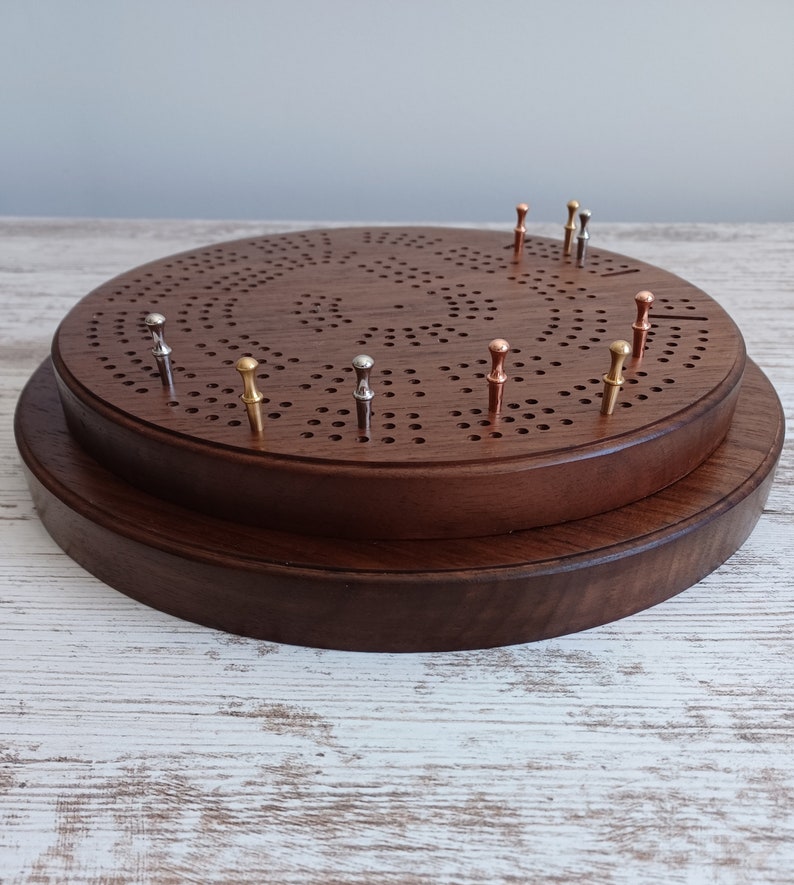 Round Cribbage Board With Card Storage, Cherry, Walnut or Maple Board ...