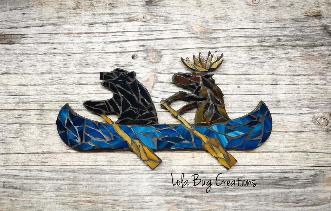 Bear and Moose in a Canoe Glass Mosaic - Etsy