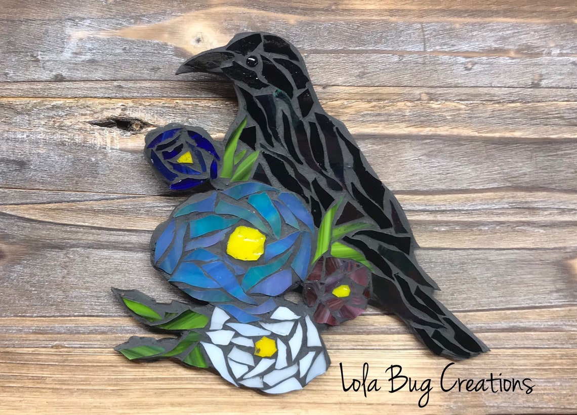 Raven in Flowers Glass Mosaic - Etsy