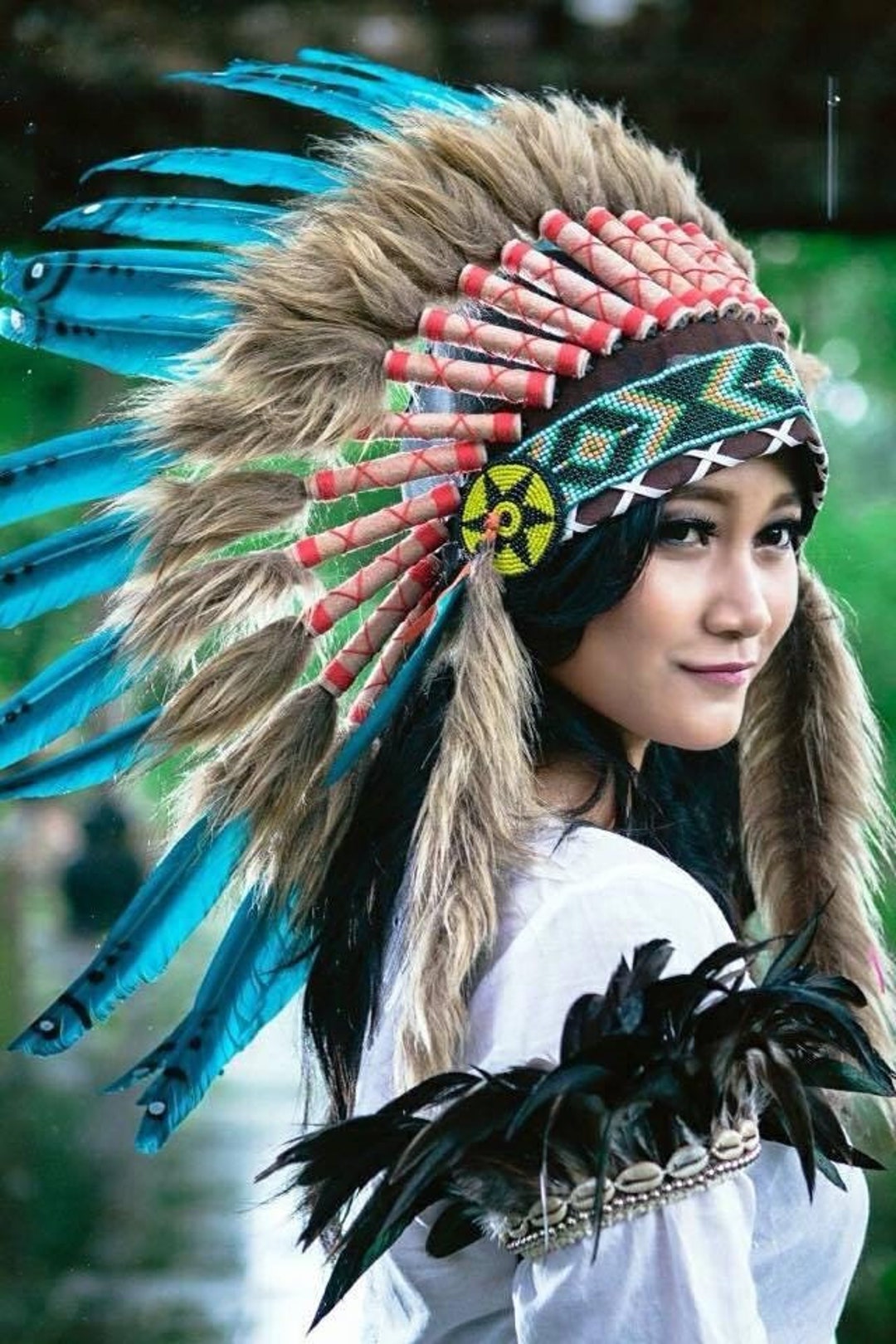 Native American Teal Indian Teal & Pink Style Faux Fur Feather ...