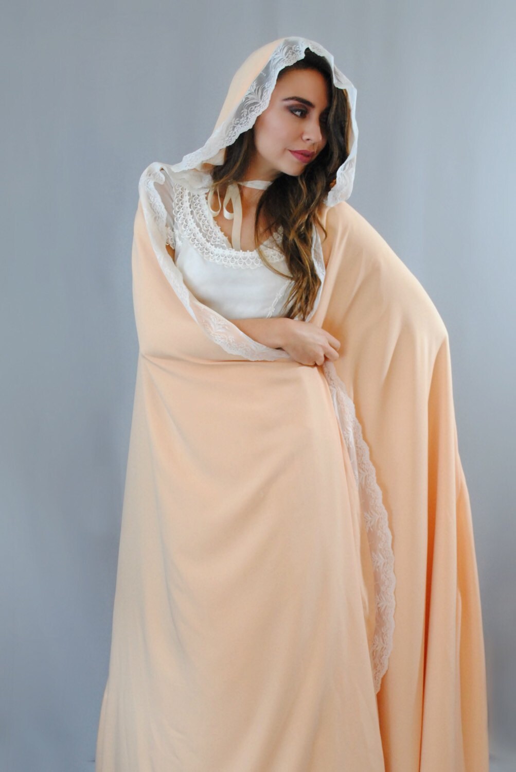 72" Classic Long Cloak W/train and Lace Trim Peach/ivory - Etsy
