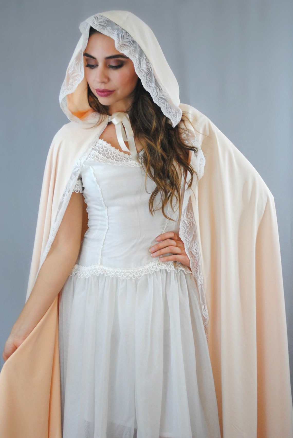 72" Classic Long Cloak W/train and Lace Trim Peach/ivory - Etsy