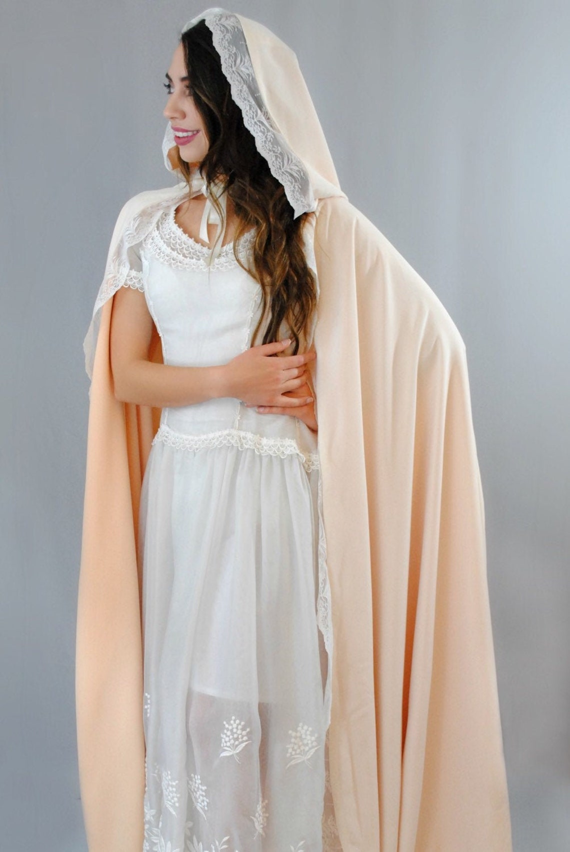 72" Classic Long Cloak W/train and Lace Trim Peach/ivory - Etsy