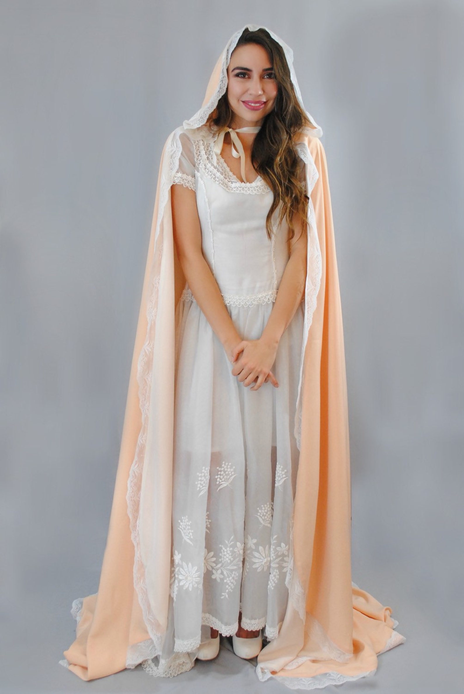 72" Classic Long Cloak W/train and Lace Trim Peach/ivory - Etsy