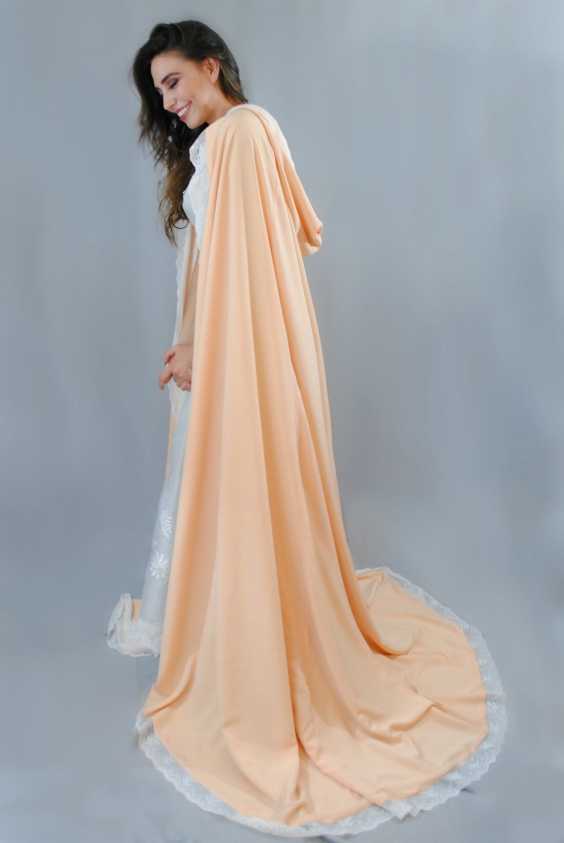 72" Classic Long Cloak W/train and Lace Trim Peach/ivory - Etsy