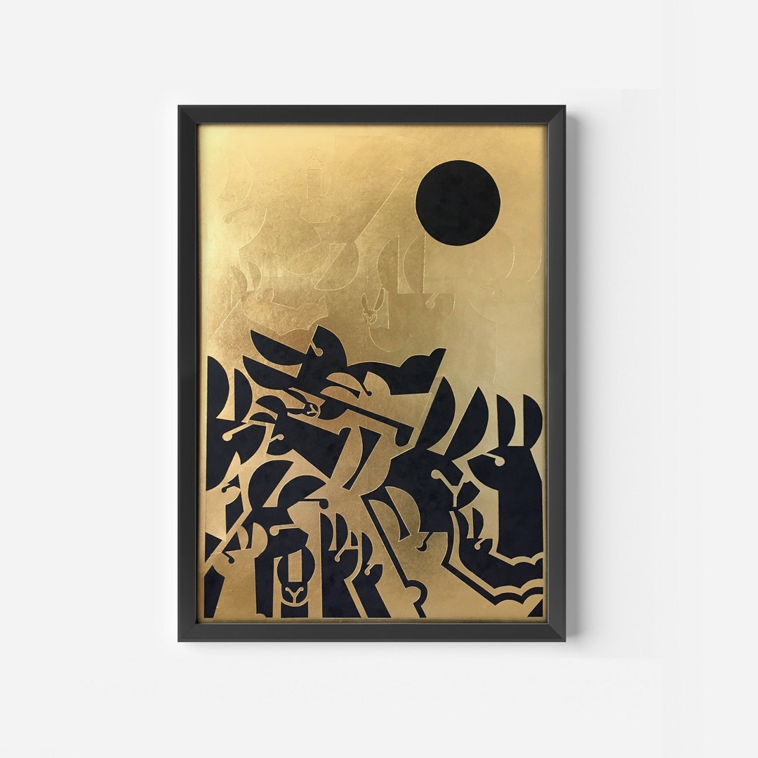 Paper Cutting Art 'ghost Rabbits on a Full Moon Party' Gold Japanese ...