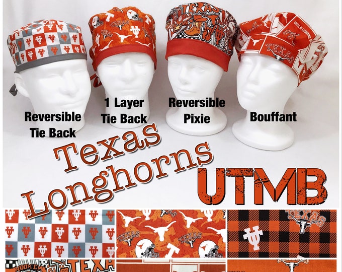 Texas Longhorn Cotton Scrub Cap, Pixie, Bouffant, Tie Back Medical Hat ...