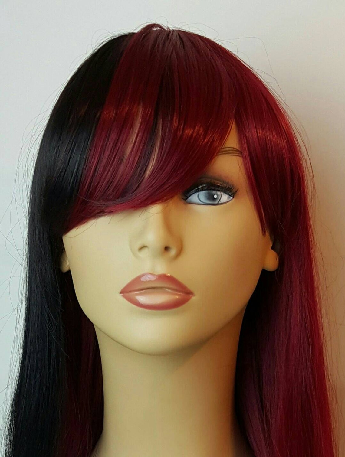 One Length Two-tone Red and Black Wig With Two-tone Textured | Etsy