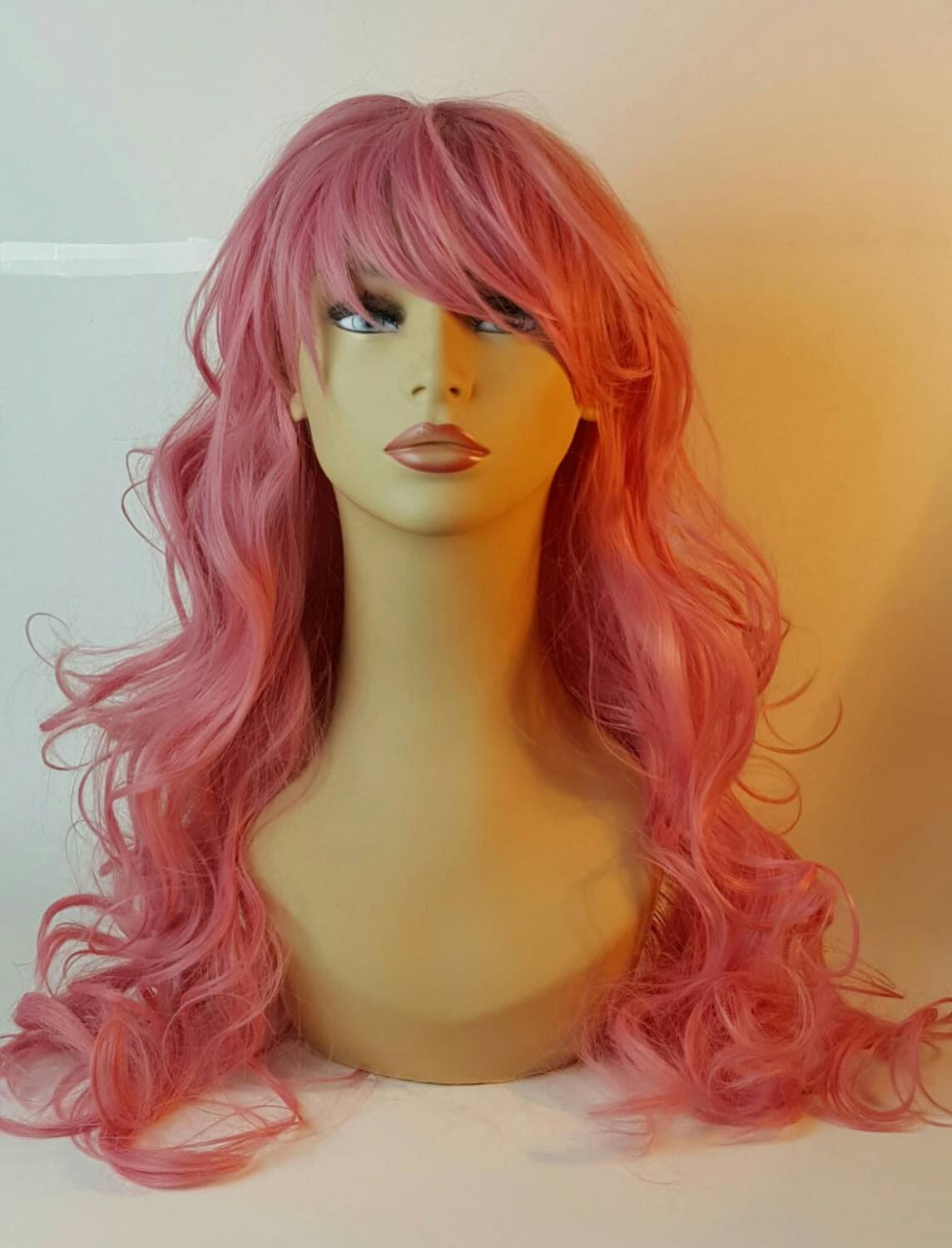 Mermaid Long Wavy Pink Wig With Sweeping Bangs Long Pink | Etsy
