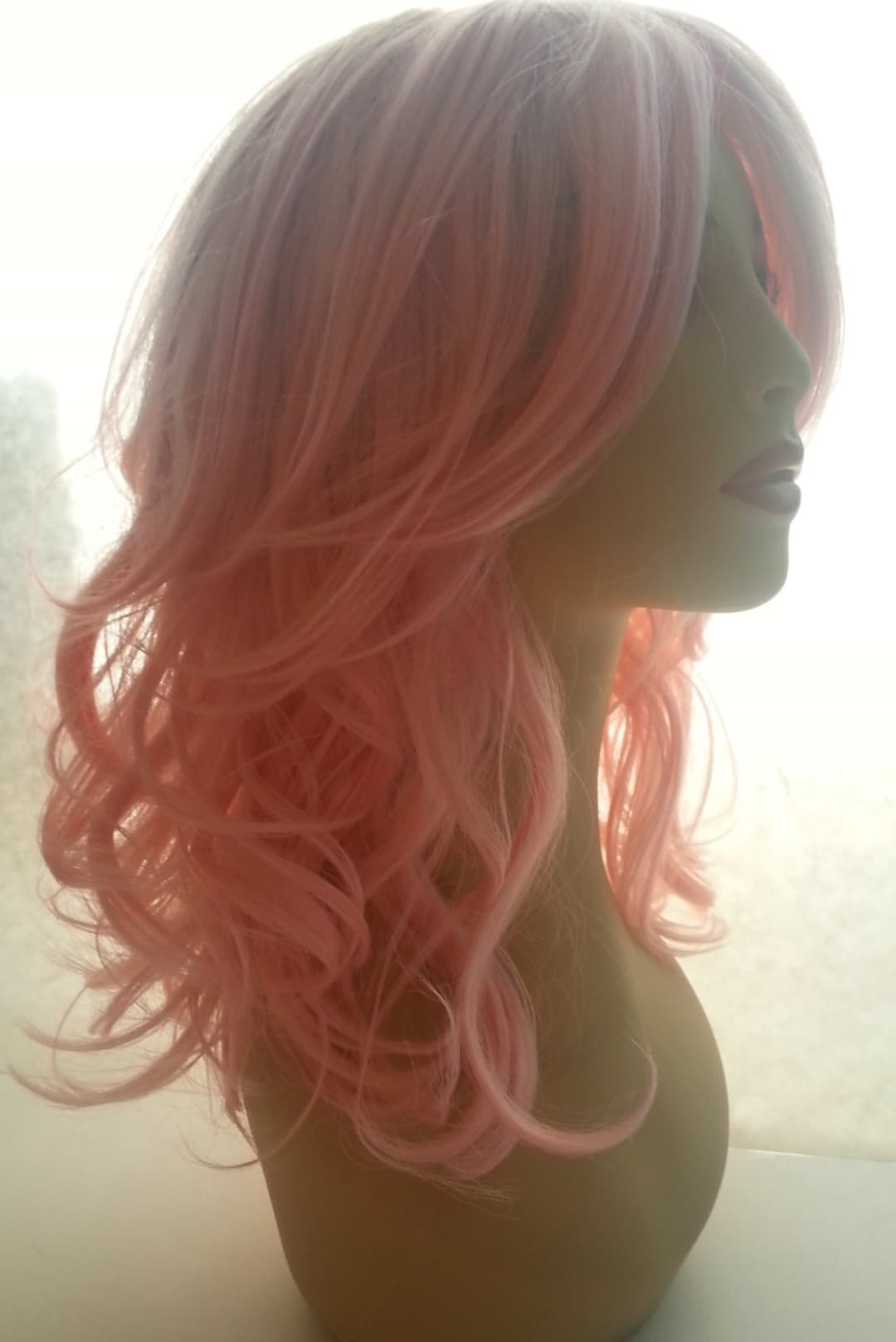 Pink Wig, Pink Wig With Sweeping Bangs, Light Pink Wig, Loose Waves ...
