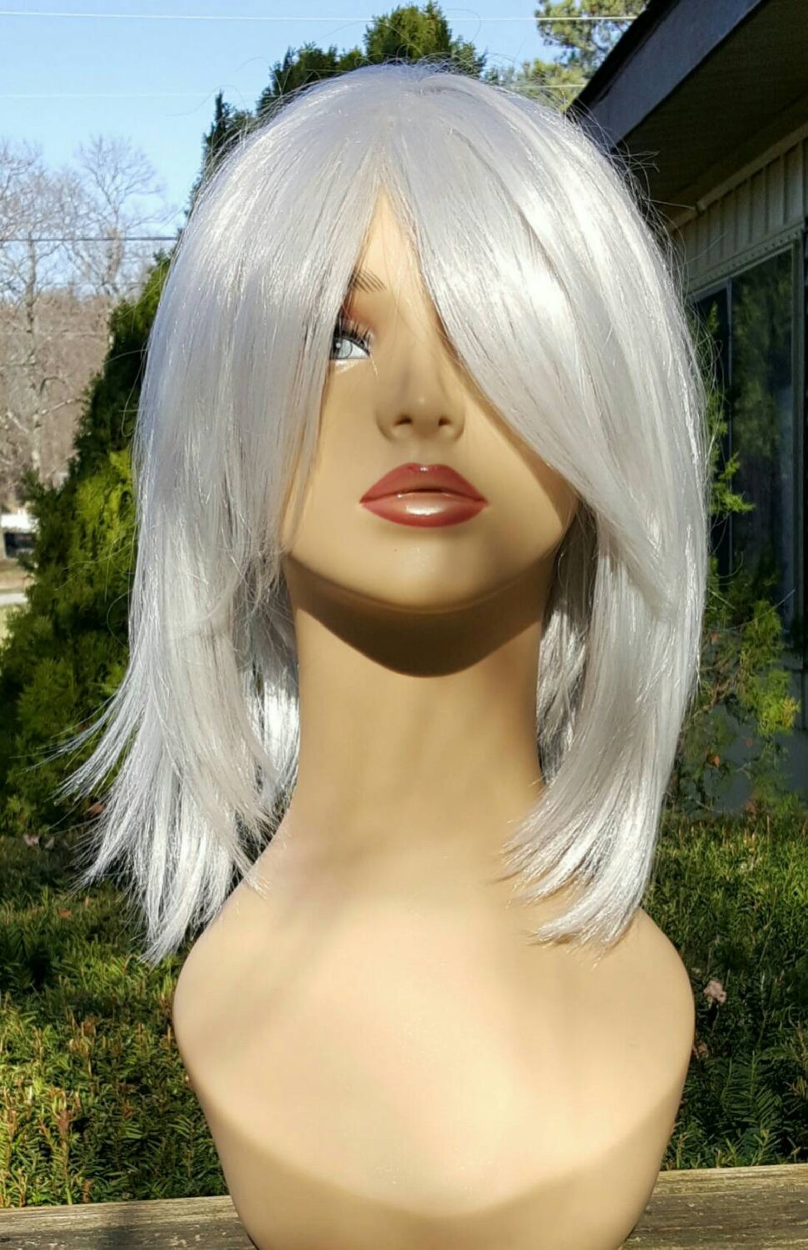 Silver A-line Shoulder Length Wig, Sweeping Bangs, A Line Bob, Wig ...