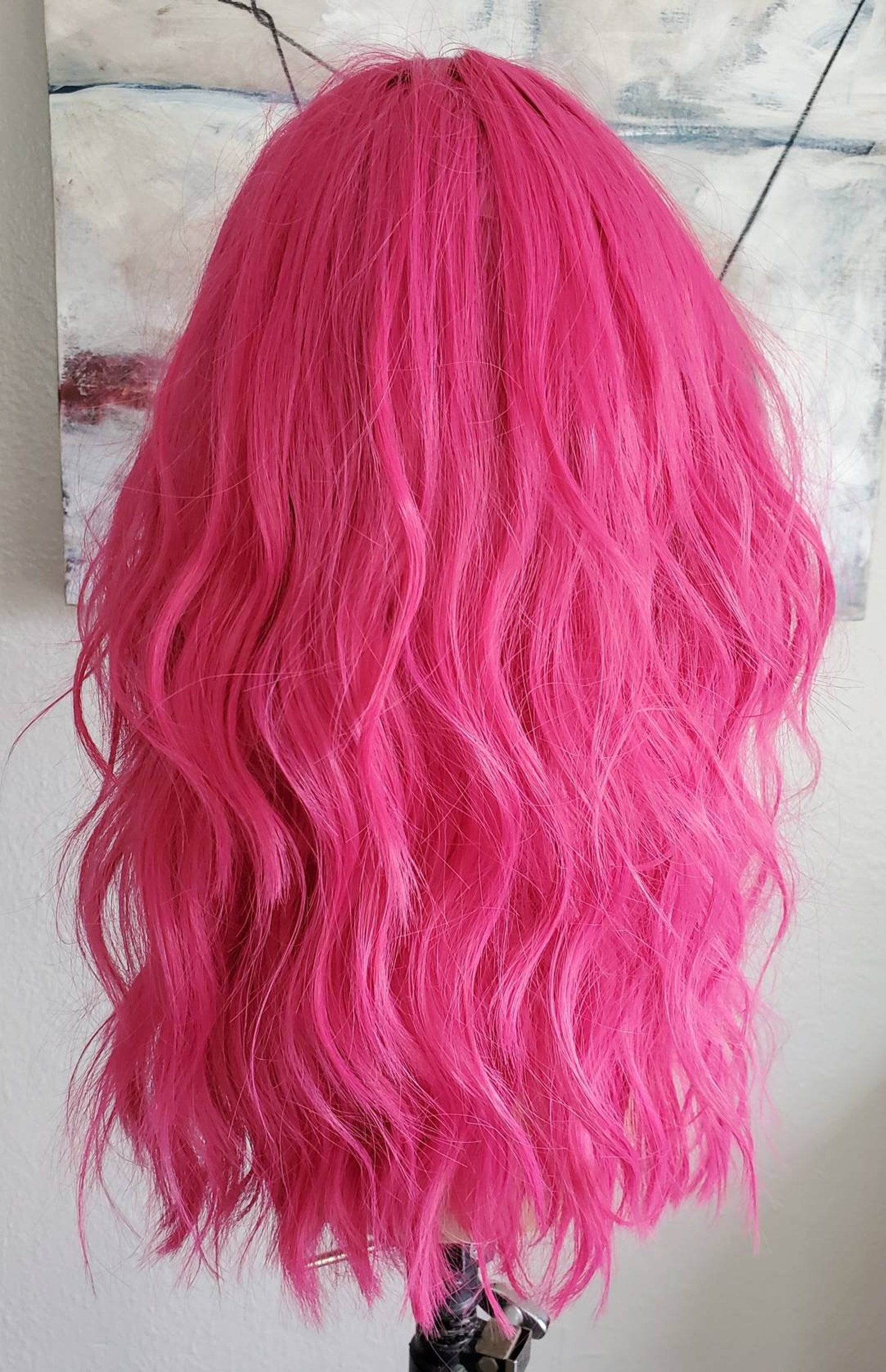 Mid Lengthhot Pink Textured Wavy Wig With Bangs Hot Pink Etsy