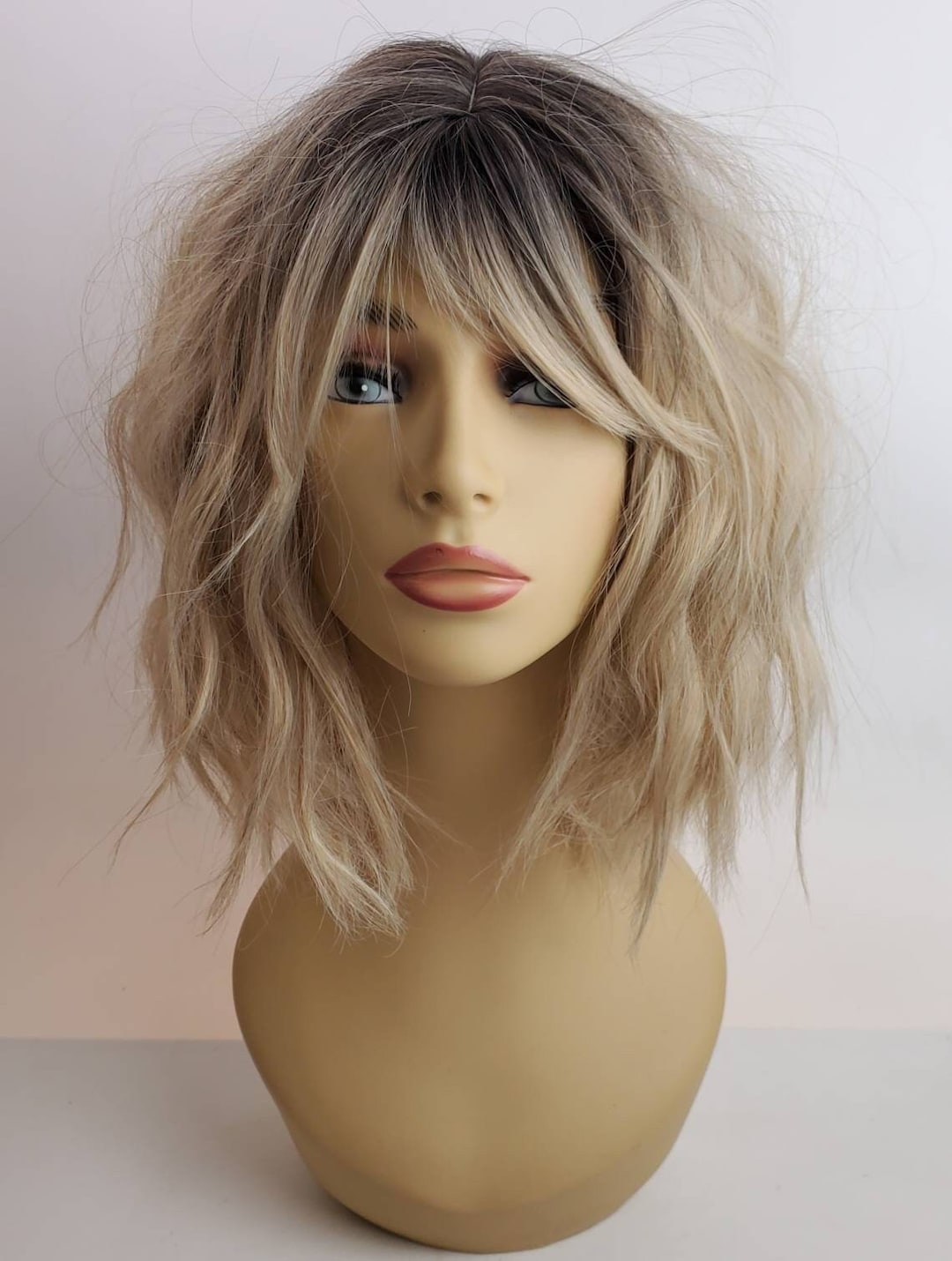 Textured Mid Length Layered Bob With Fringe Blonde Shag Bob Wig With ...