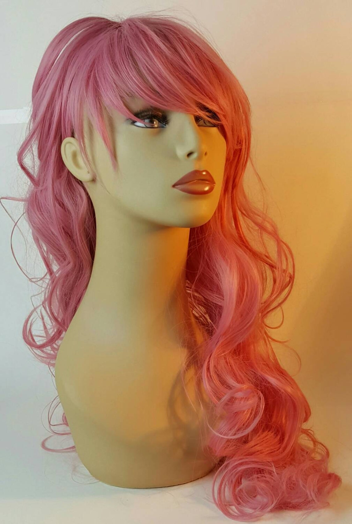 Mermaid Long Wavy Pink Wig With Sweeping Bangs Long Pink - Etsy