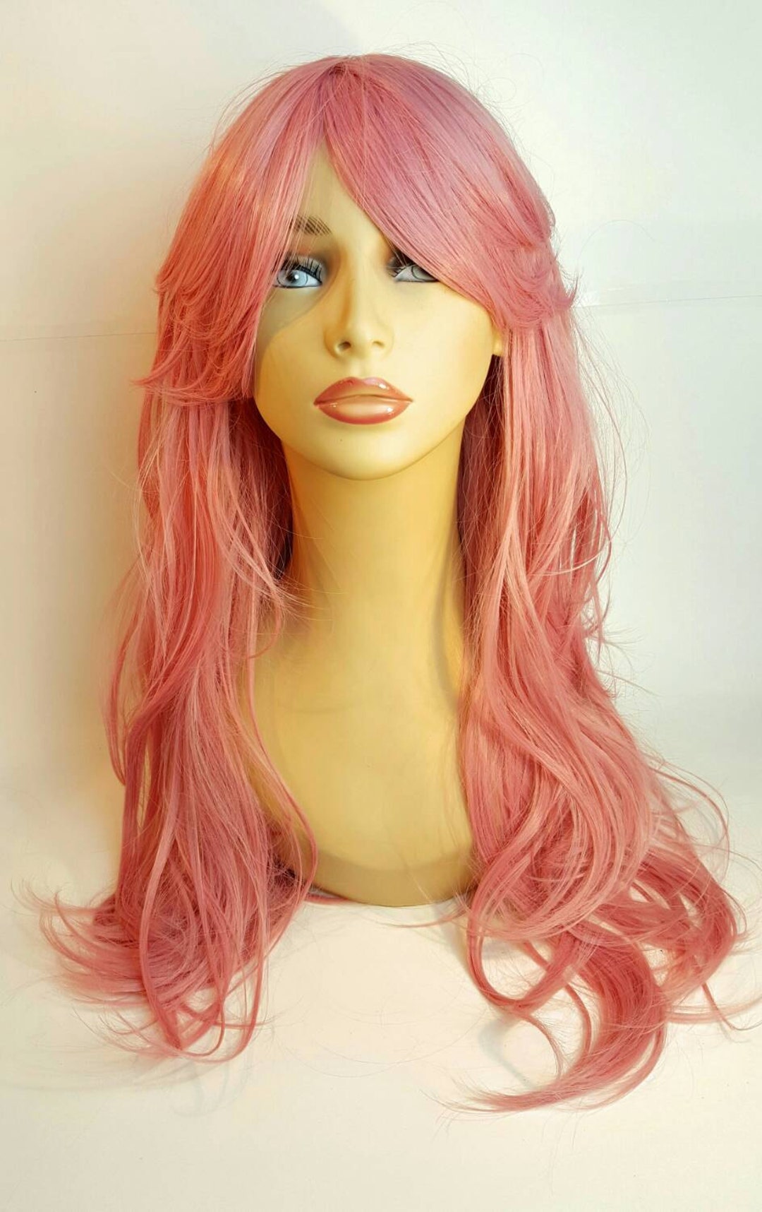 Long Wavy Pink Wig, Side Swept Bangs - Etsy