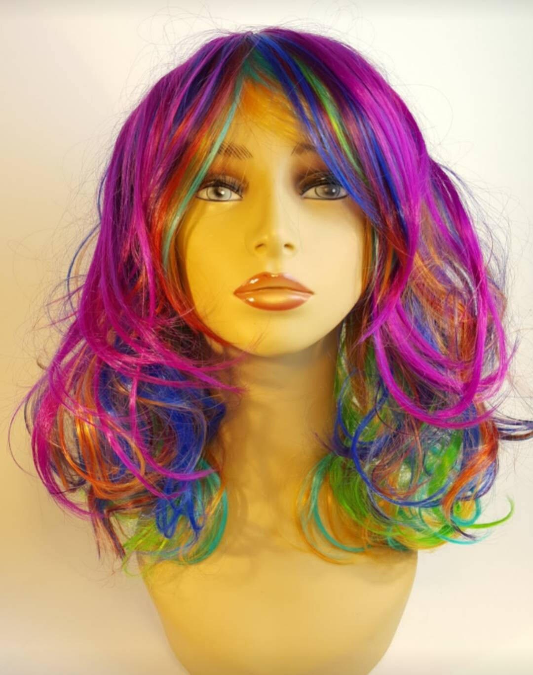 Rainbow Wig Mid-length Rainbow Wig Rainbow Bob Wig Wavy - Etsy