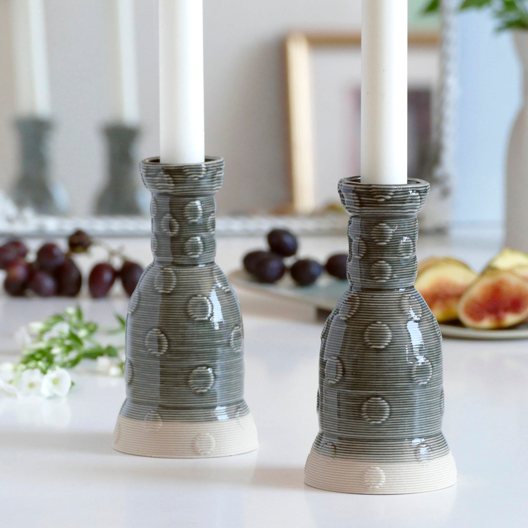 Pair of Shabbat Candlesticks, 3D Printed Clay Candleholders, Polka Dots ...