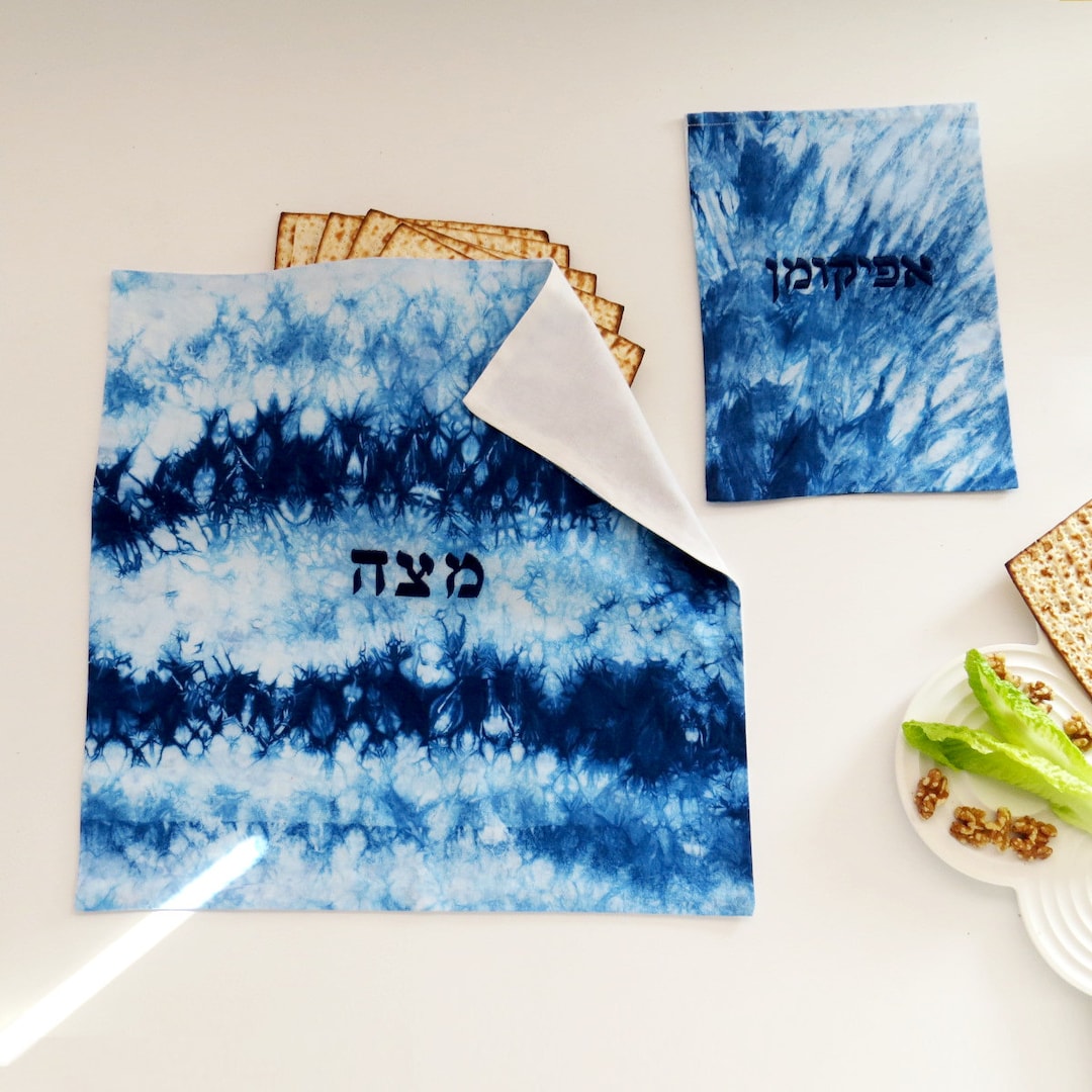 Passover Table Matzah Cover & Afikomen Bag Set, Hand Dyed No.3 Blue and ...