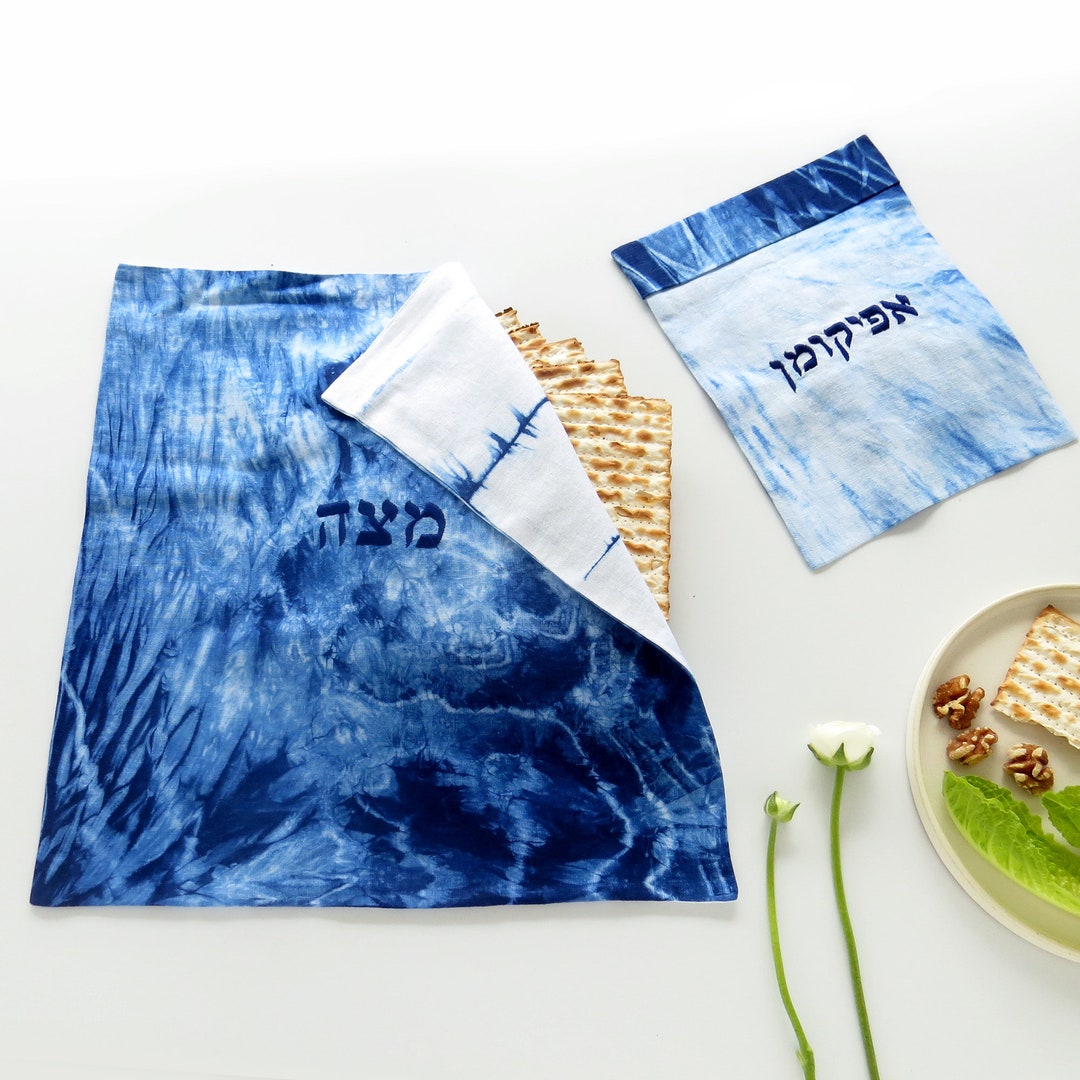 Passover Table Matzah Cover & Afikomen Bag Set, Blue and White Shibori ...