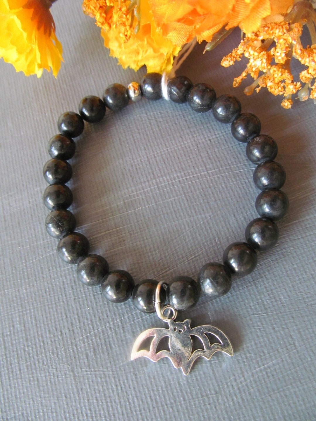 Bat Charm Stretch Bracelet African Blackstone Beaded Bracelet - Etsy