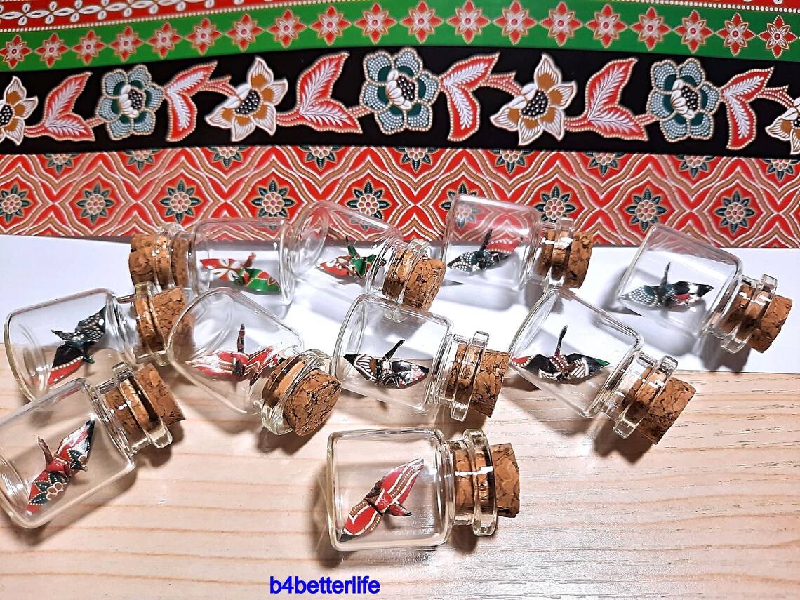 Lot of 20pcs 1-inch Hand-folded Floral Design Paper Crane in Mini Glass ...