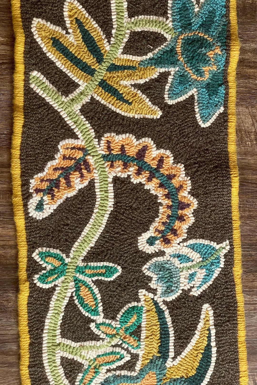 Primitive Hand Hooked Original Wool Rug, Flowers and Vines, 36 X 13 ...