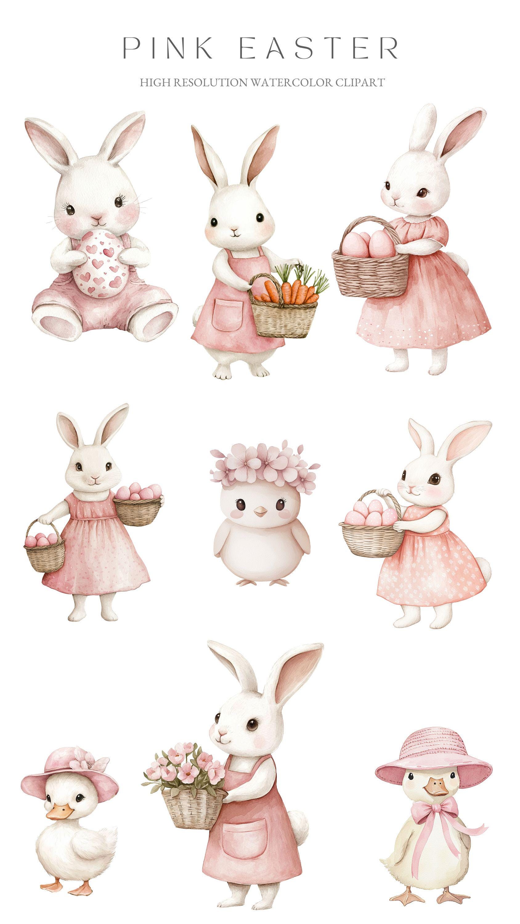 Pink Easter Bunny Clipart: Watercolor Cottagecore Bunnies (digital ...
