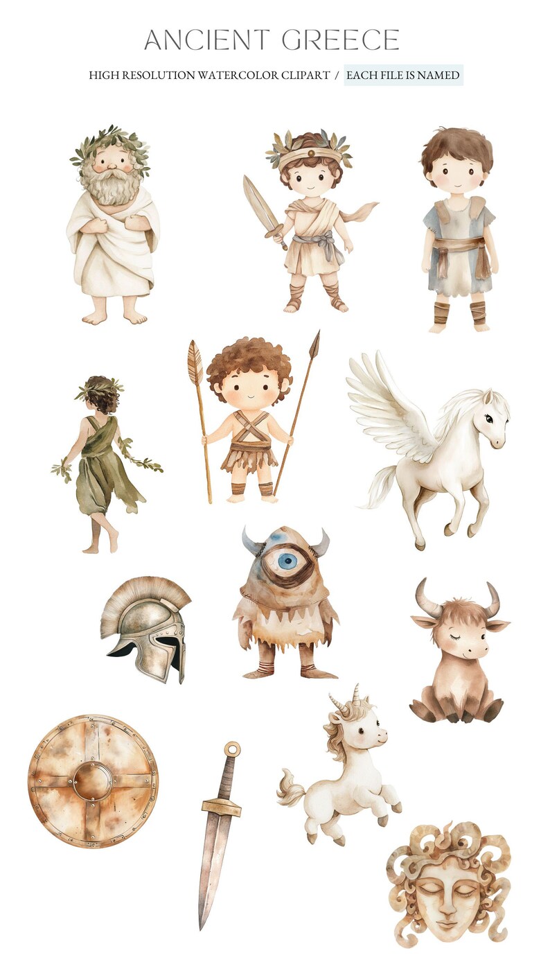 Greek Mythology Clipart Ancient Greece Cute Watercolor Whimsical Kids ...