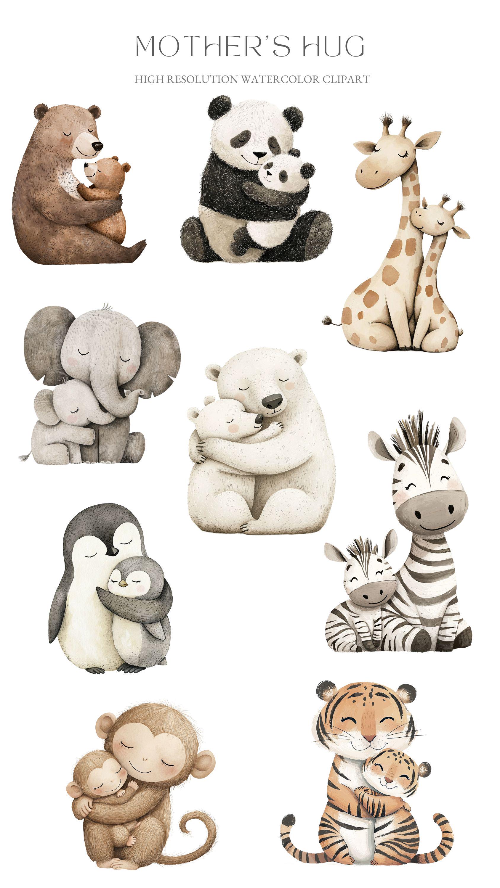 Mom and Baby Animal Watercolor Clipart: Safari, Farm, Woodland (digital ...