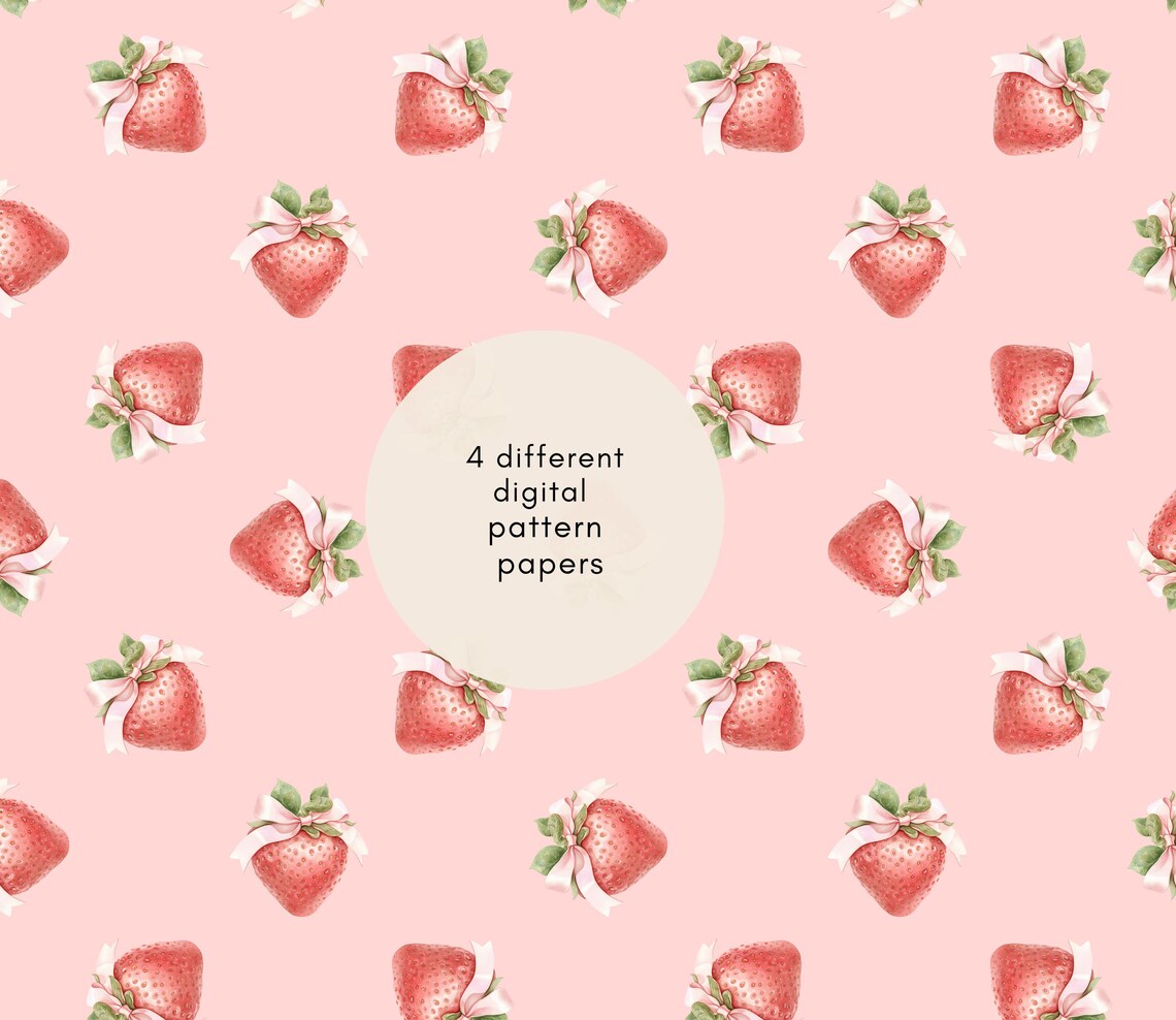 Coquette Seamless Patterns: Pink Bows, Cherries, Strawberries (digital ...