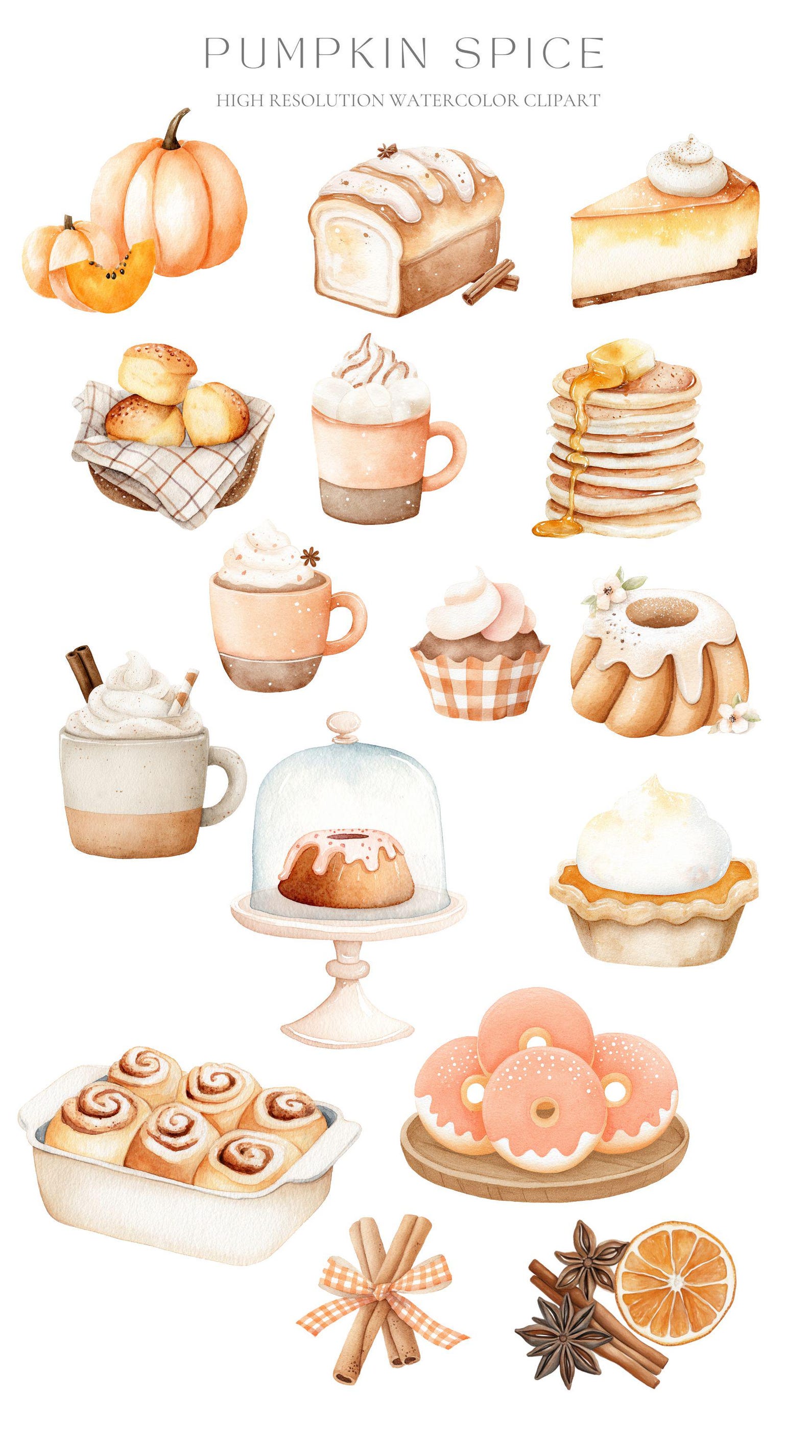Pumpkin Spice Watercolor Clipart: Autumn Baking Desserts PNG (digital ...
