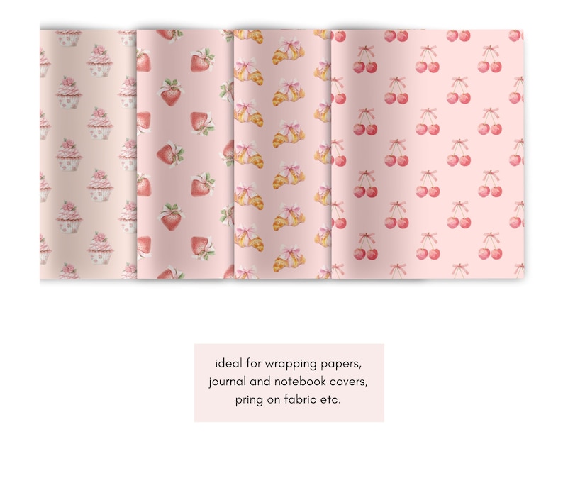 Coquette Seamless Patterns: Pink Bows, Cherries, Strawberries (digital ...