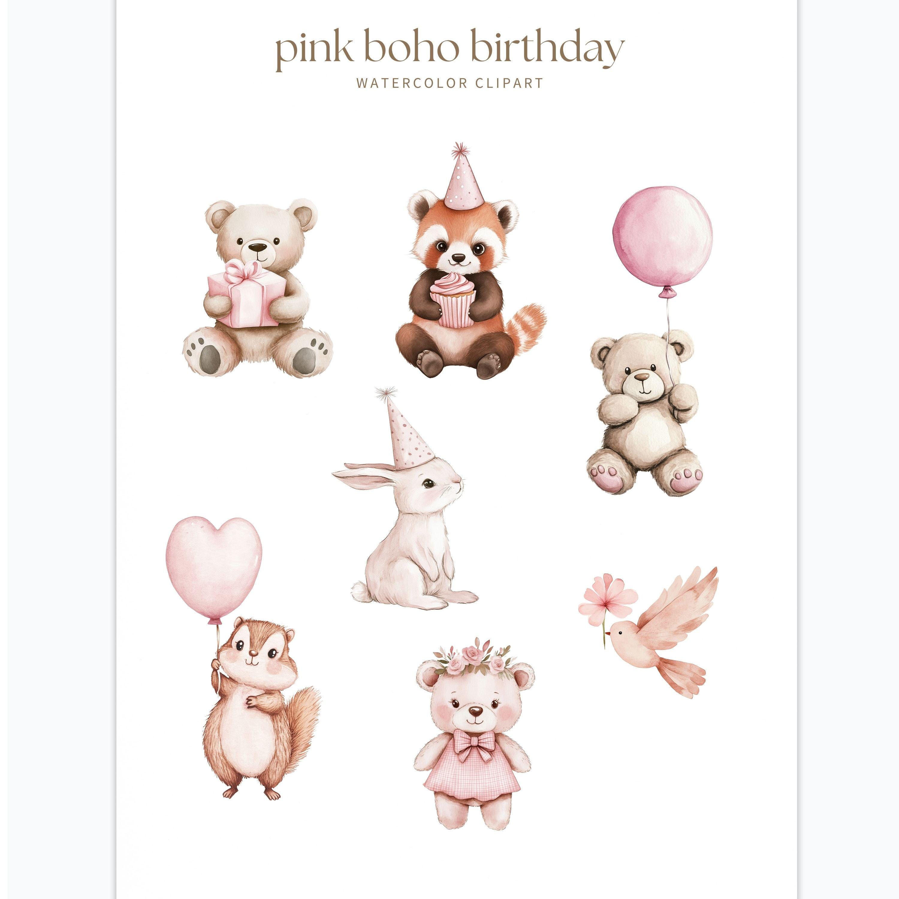 Pink Boho Birthday Clipart: Watercolor Party Graphics (PNG) - Etsy