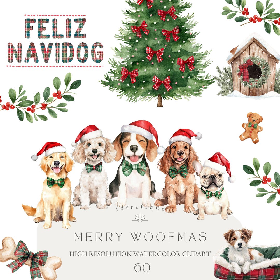 Christmas Dogs Clipart Bundle: Watercolor Puppy Breeds, Xmas Party PNG ...