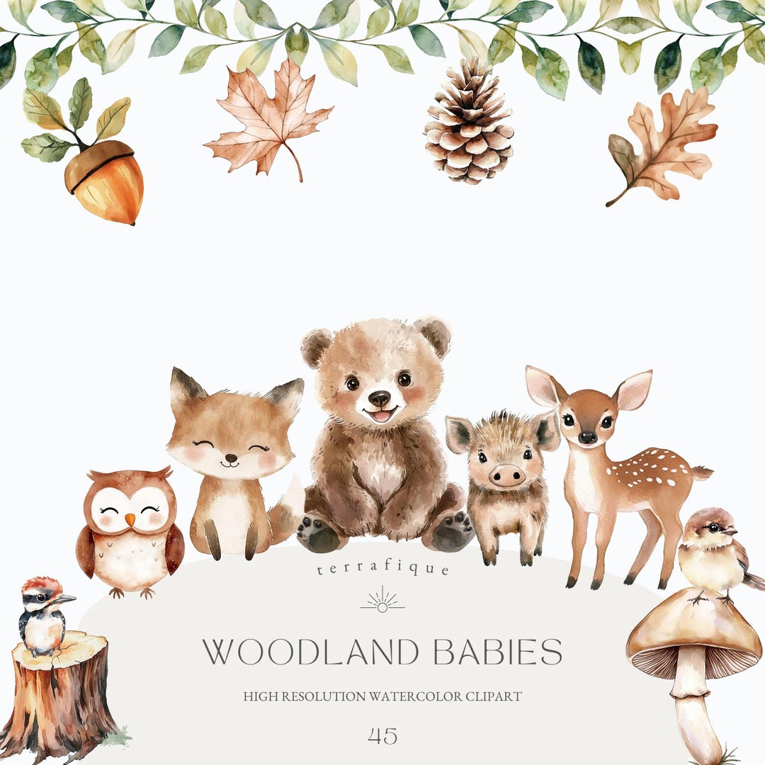 Woodland Baby Animals Clipart Cute Whimsical Watercolor Forest Animals ...