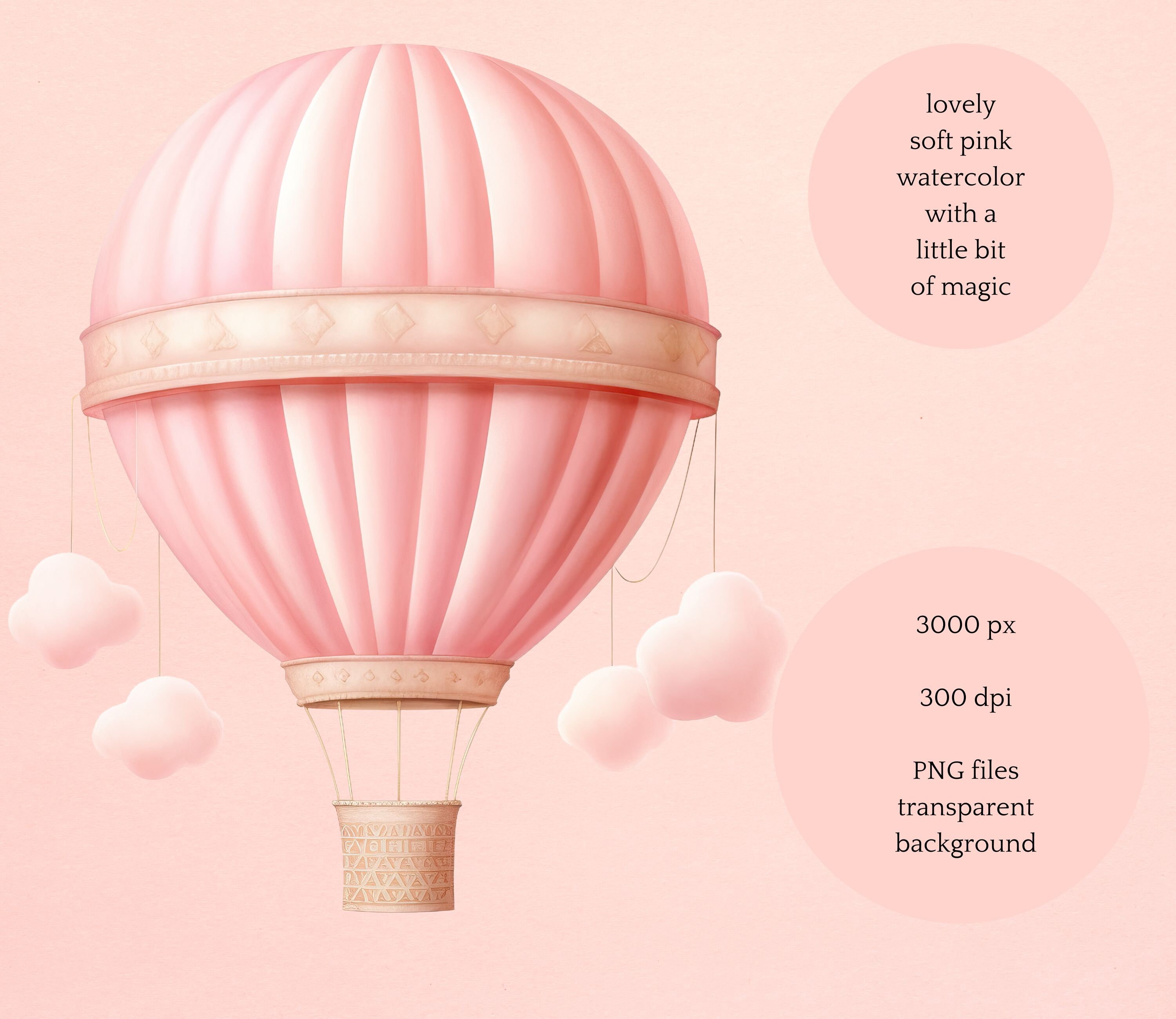 Pink Hot Air Balloons Clipart Watercolor PNG Elements for Nursery Art ...