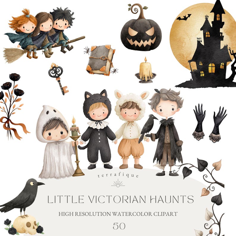 Halloween Clipart Bundle, 8 Watercolor Sets PNG, Spooky Cute Halloween ...