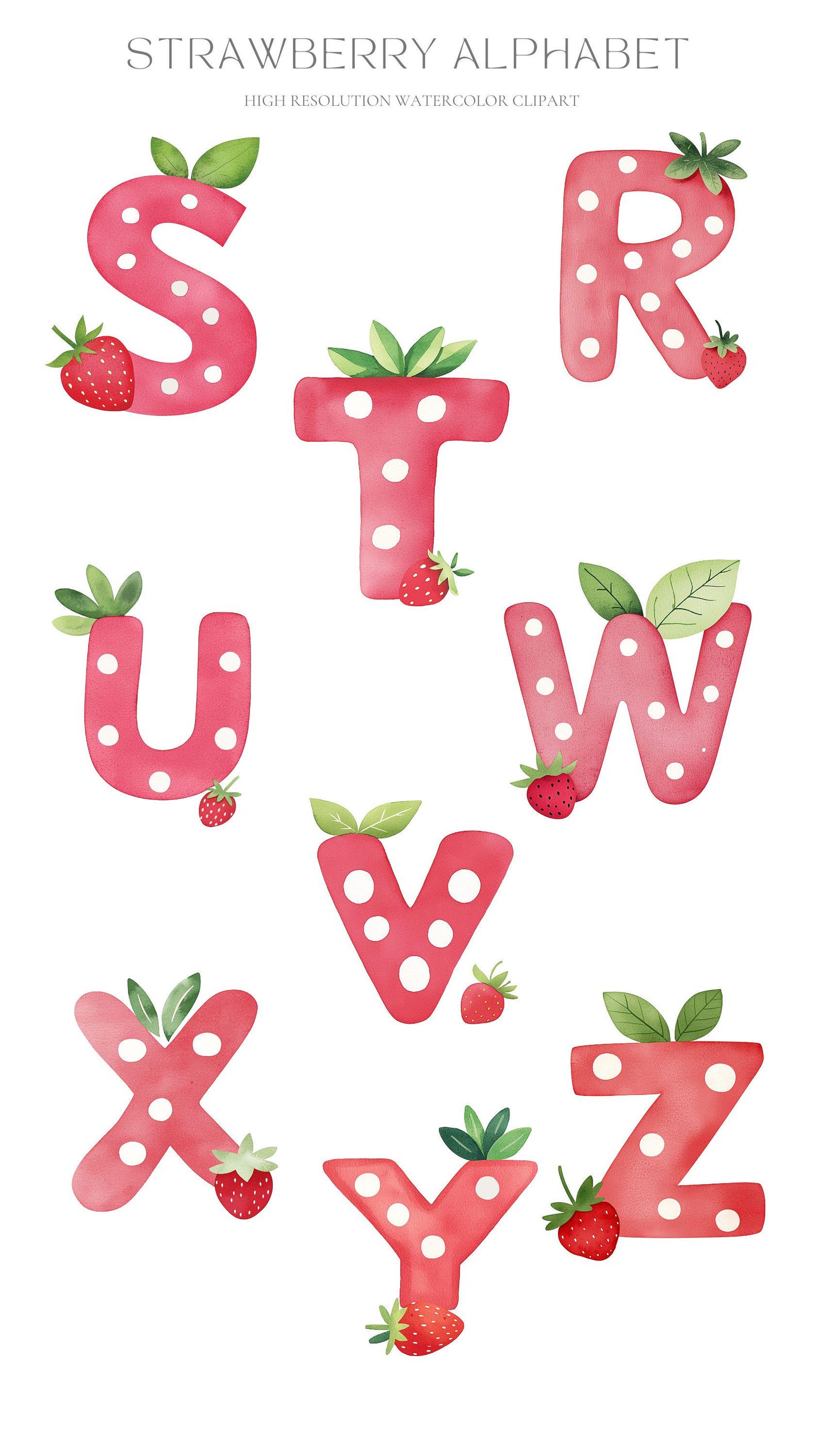 Strawberry Alphabet Clipart: Polka Dot Letters, Numbers, Commercial Use ...