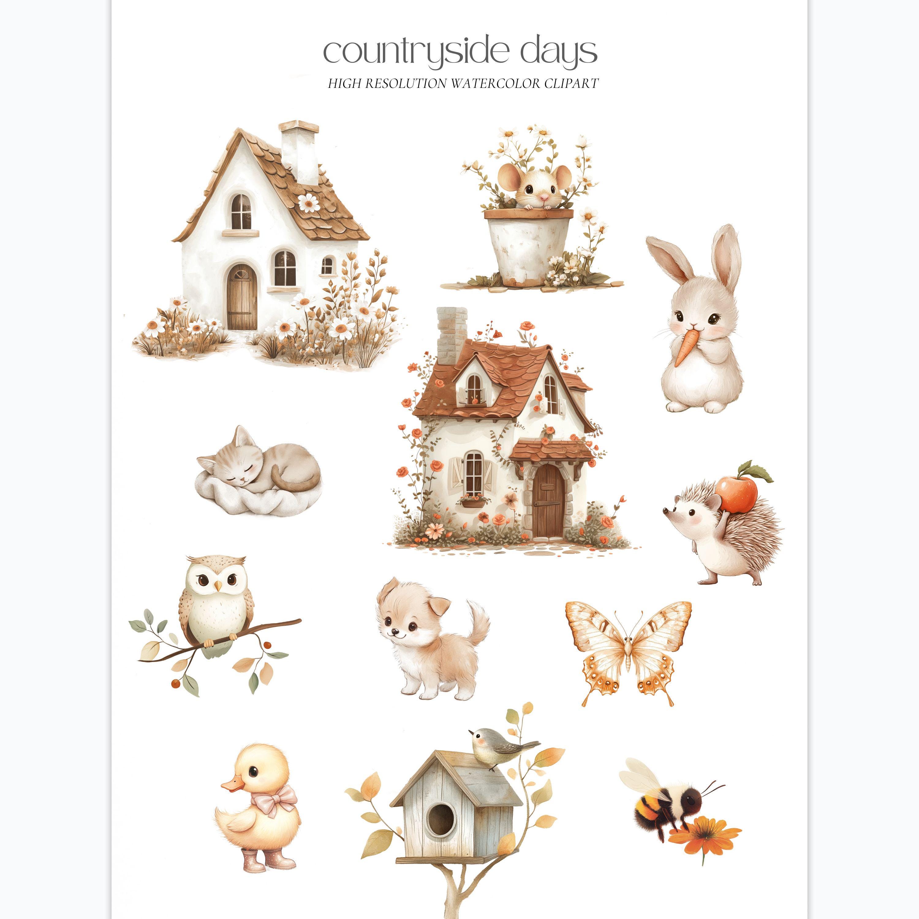 Watercolor Clipart Set: Whimsical Countryside Animals, Cottagecore ...