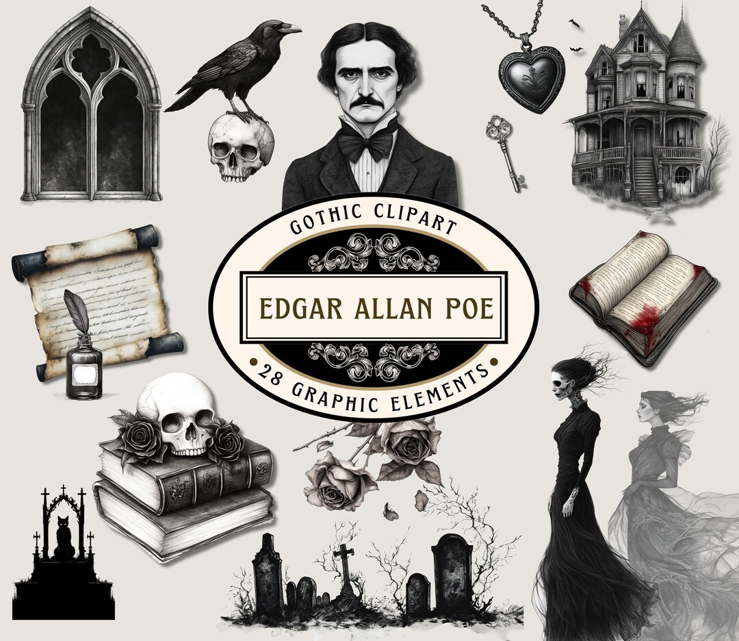 Edgar Allan Poe Clipart: Gothic Halloween Victorian Designs (PNG, JPG ...